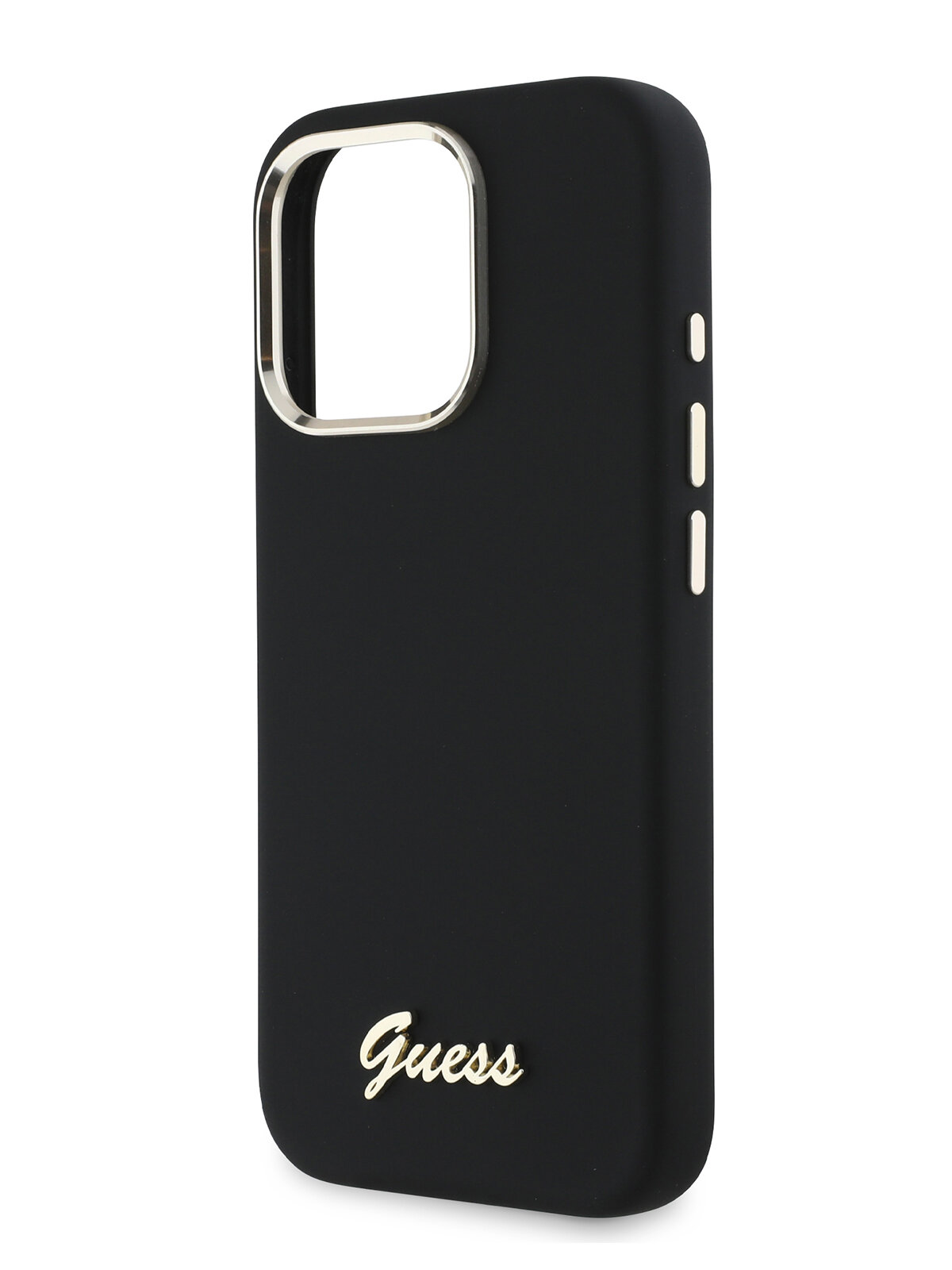 Guess для iPhone 16 Pro чехол Liquid silicone Gold metal logo & Camera frame Hard Black