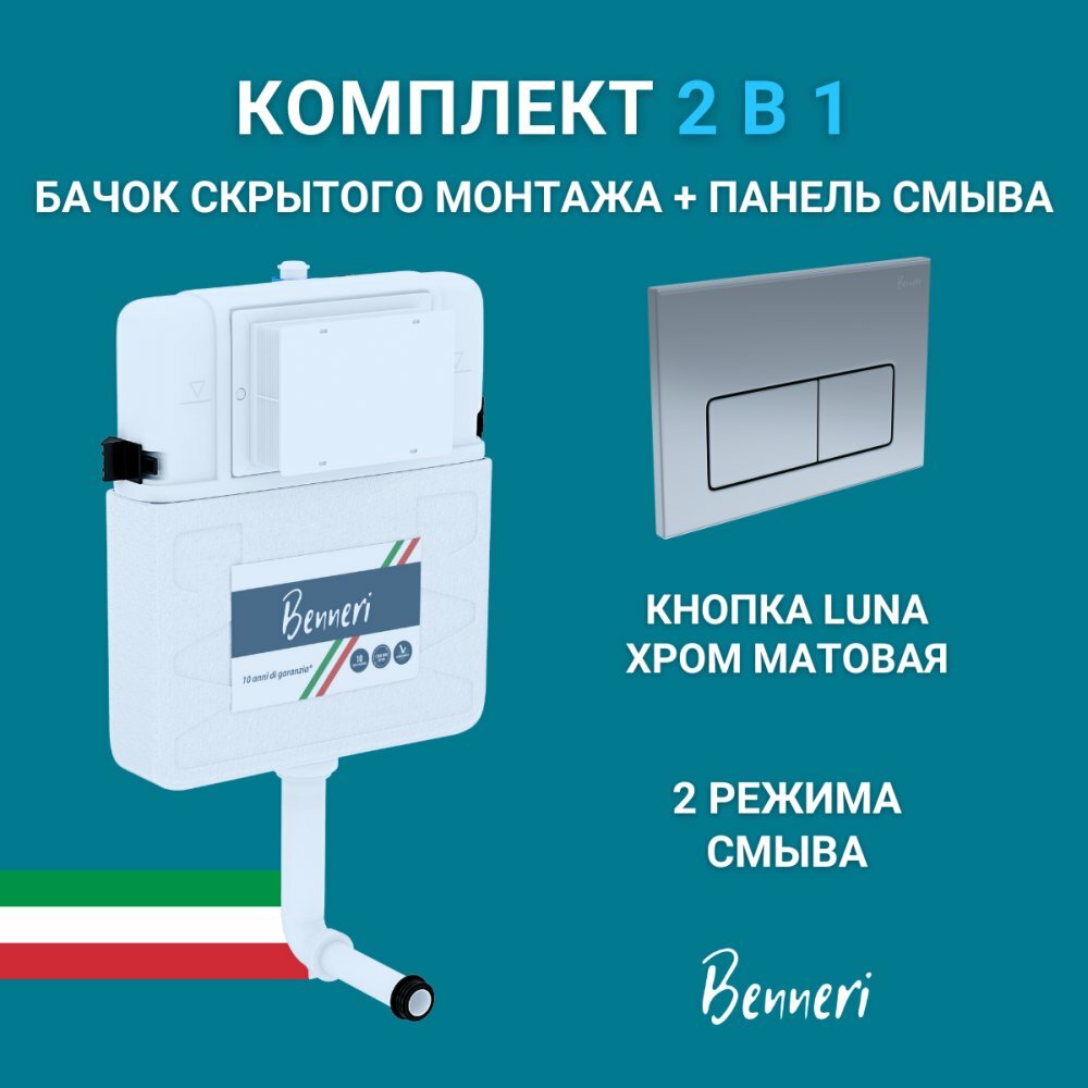 Смывной бачок, скрытый монтаж Benneri панель смыва с серыми квадратными клавишами Luna