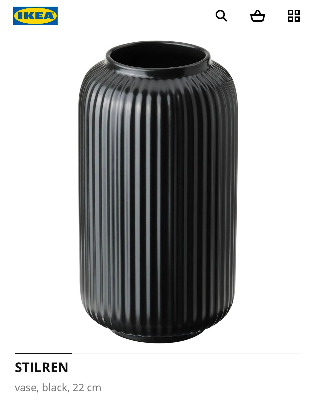 Ваза настольная IKEA STILREN, высота 22 см, диаметр 12 см, черный , керамика
