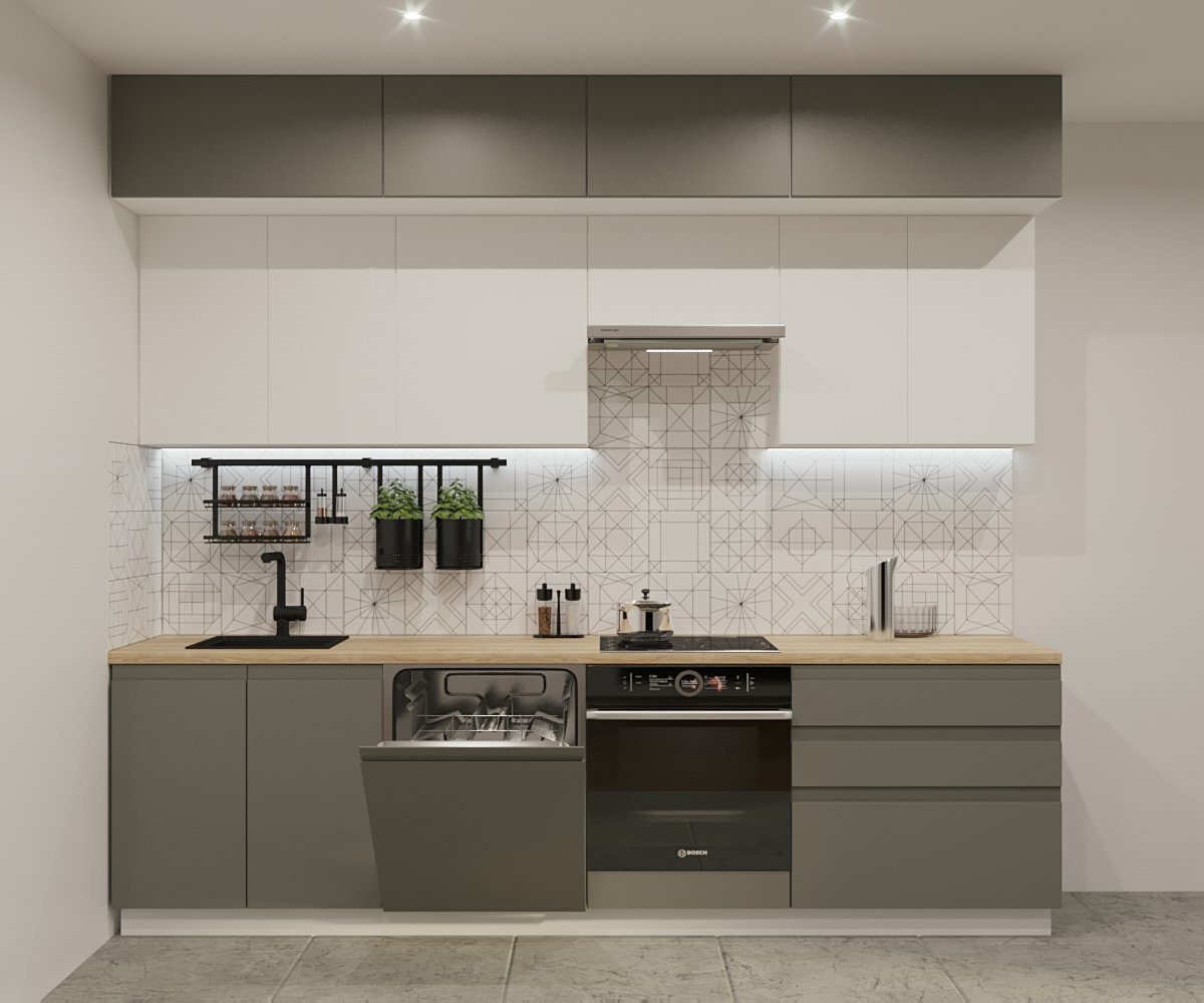 Кухонный прямой гарнитур Лайн Обсидиан/Тальк, 2800 мм, фасады МДФ