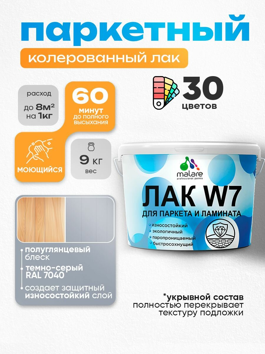 Лак колерованный укрывной для паркета и ламината Malare W7 универсальный для дерева и минеральных поверхностей, износостойкий, водный без запаха, полуглянцевый RAL 7040 темно-серый, 9 кг.