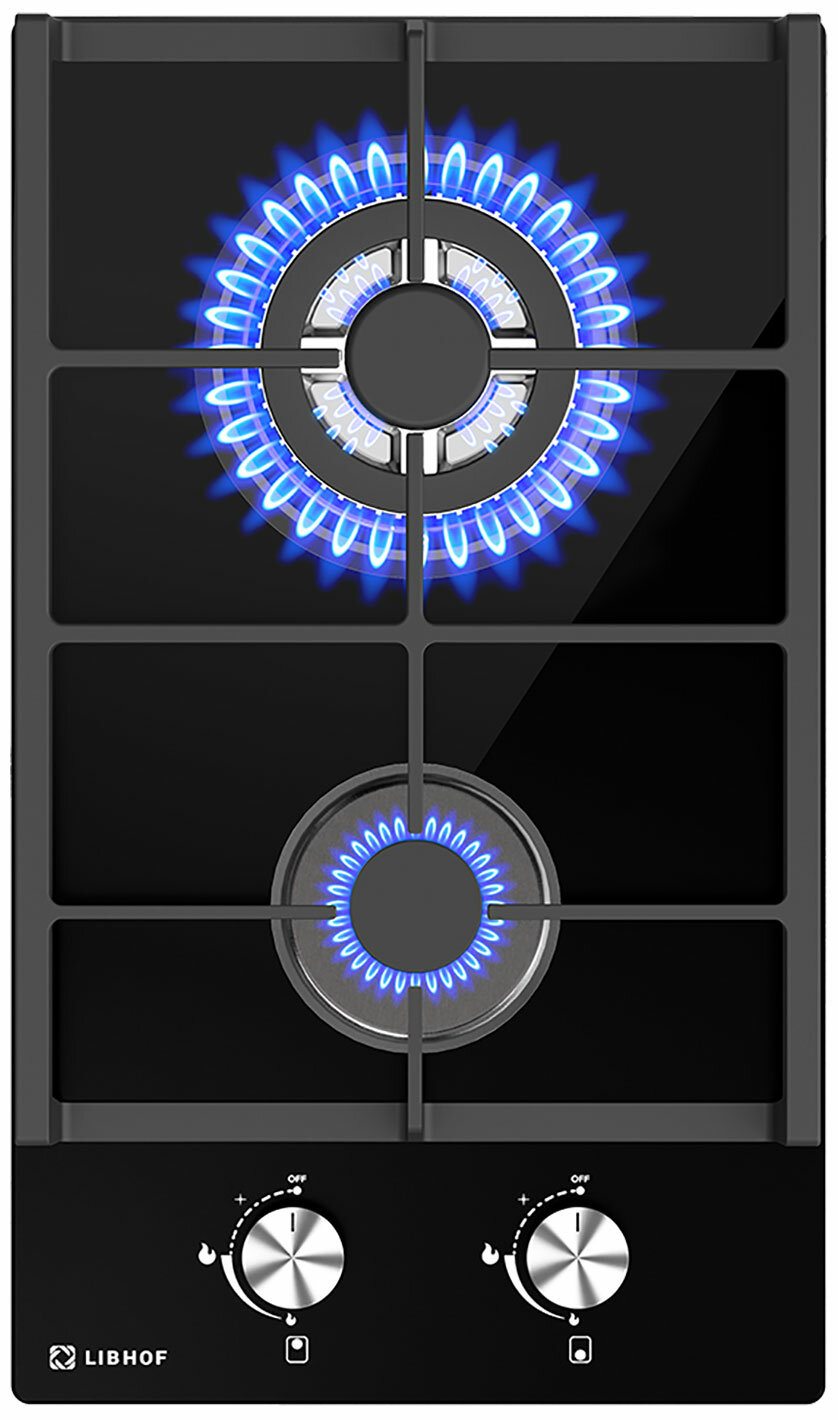 Газовая варочная панель Libhof GH-302B 30 см, 2 конфорки закаленное стекло электроподжиг газконтроль, черный
