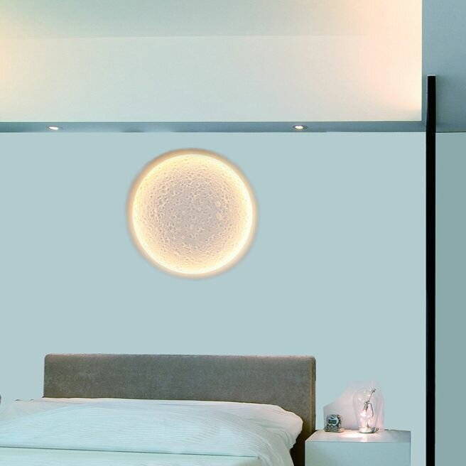 Потолочный светильник в виде луны, гостиная, спальня, фон из светящейся штукатурки на стене, декор