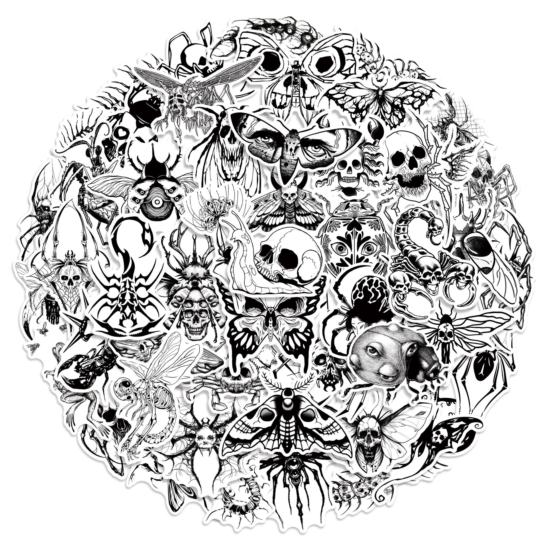 Набор из 50 готических наклеек с насекомыми и черепами. Креативные виниловые наклейки для мотоциклетного шлема, скейтборда, термоса, контейнеров для хранения и многого другого | Водонепроницаемые наклейки для подростков и взрослых