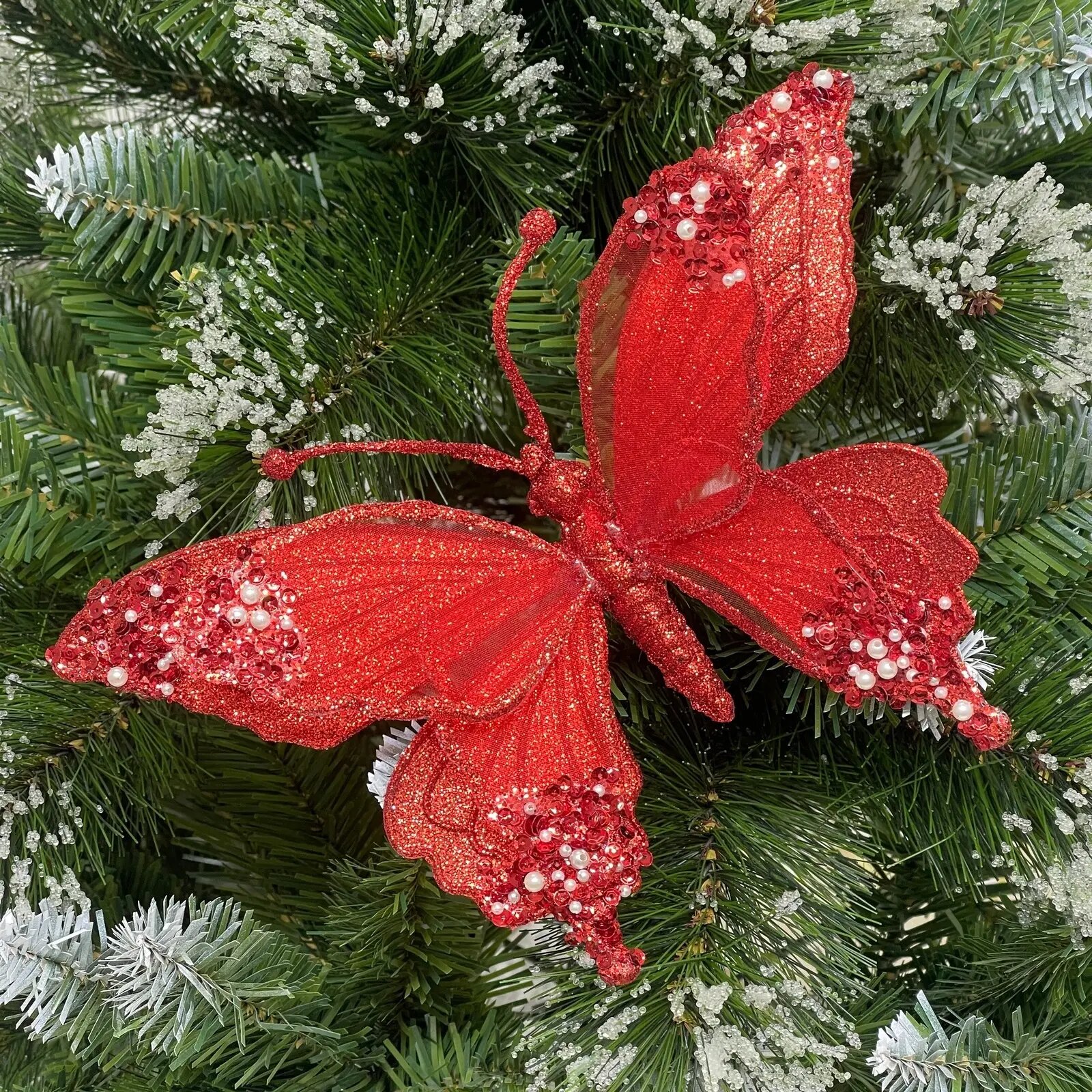 Украшение новогоднее "Бабочка — изящный полет", 24.5*9*17см, текстиль, красный