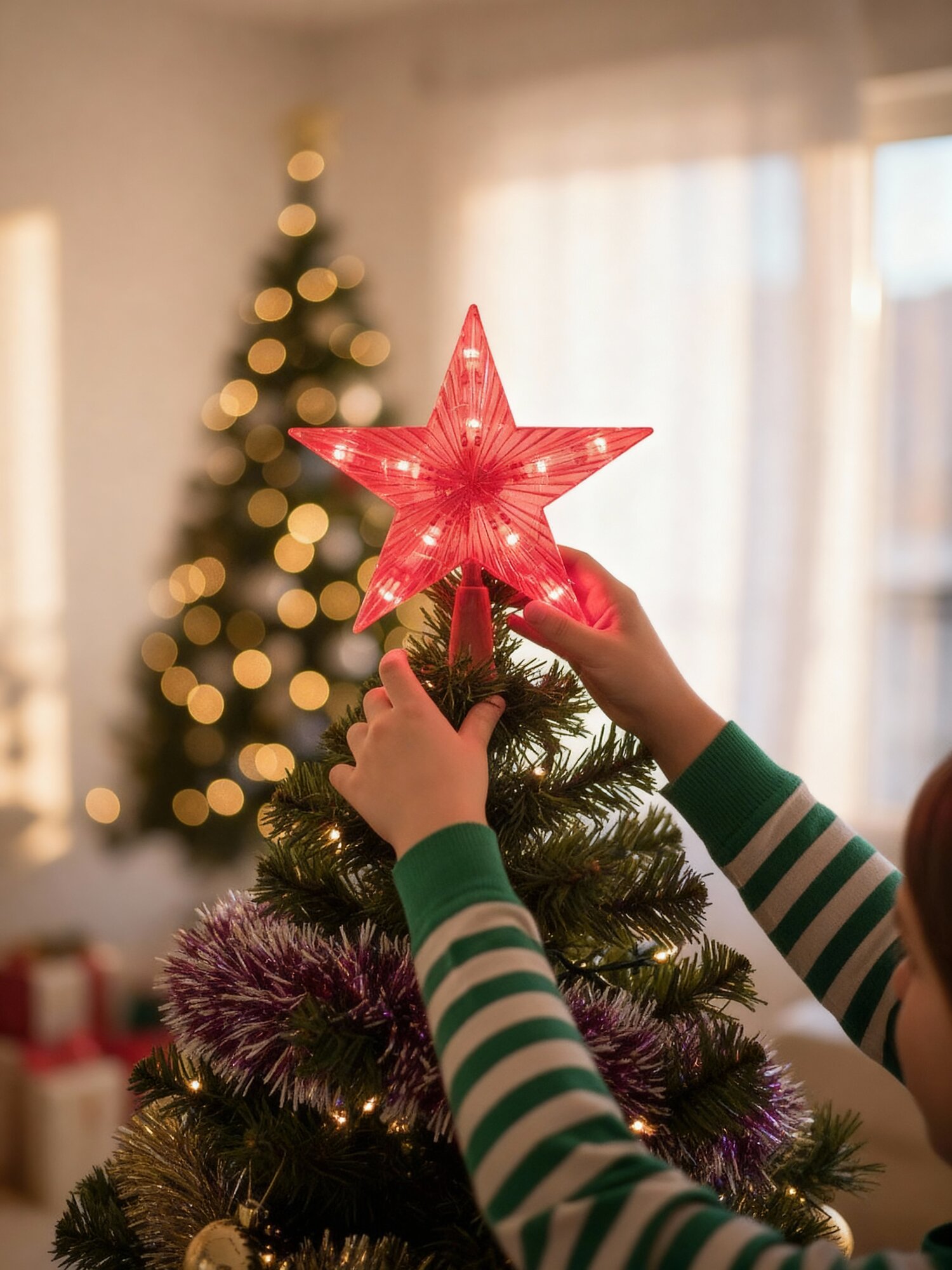 Наконечник на ёлку - Звезда светодиодная, 10 LED красная, красный корпус, размер: 15*15 см