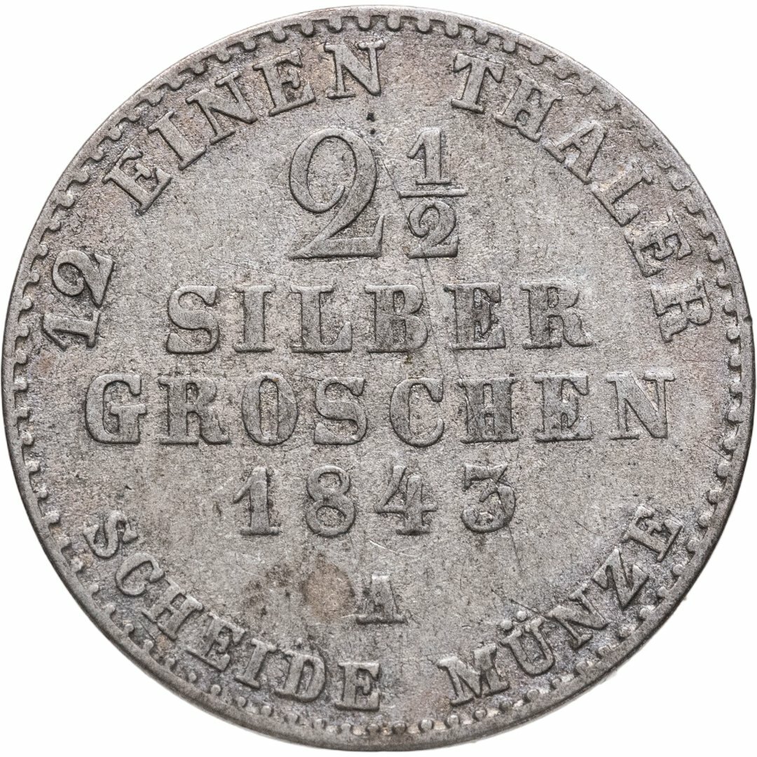 Германия Пруссия 2 1/2 серебряных гроша 1843, Серебро 375, в сохранности VF-XF