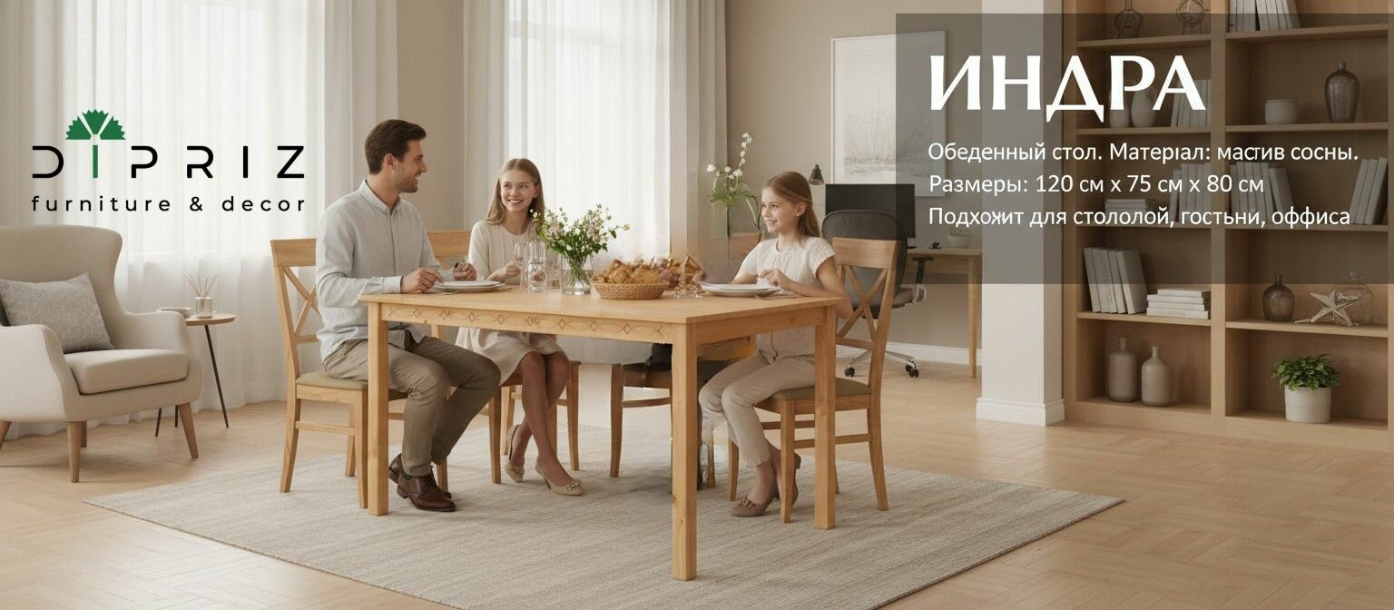 Стол обеденный, 120х80х75, Индра, кухонный, деревянный, натуральный, Dipriz — фото 1