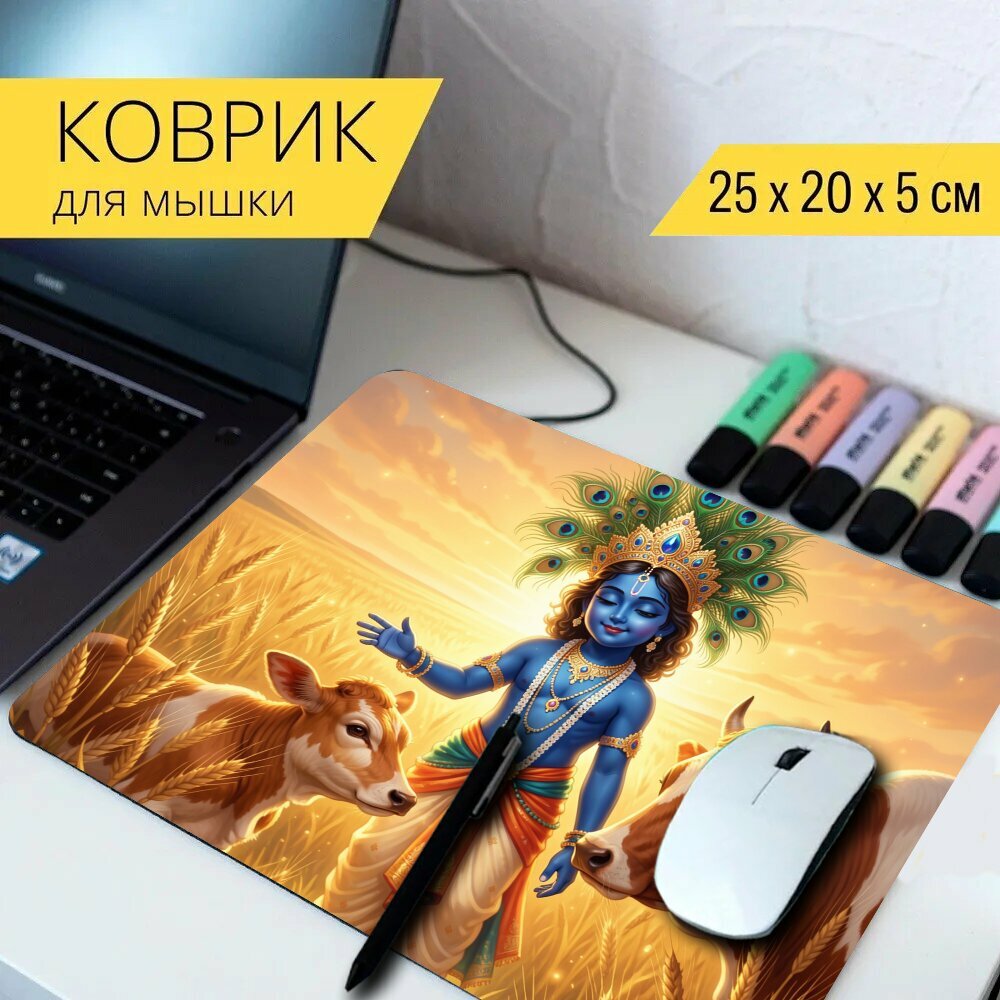 Коврик для мыши с принтом "Кришна и телята. Сказочный индийский образ с бирюзовой кожей, павлиньей короной, золотыми украшениями и коровами среди колосьев, мягкое сияние." 25x20см.