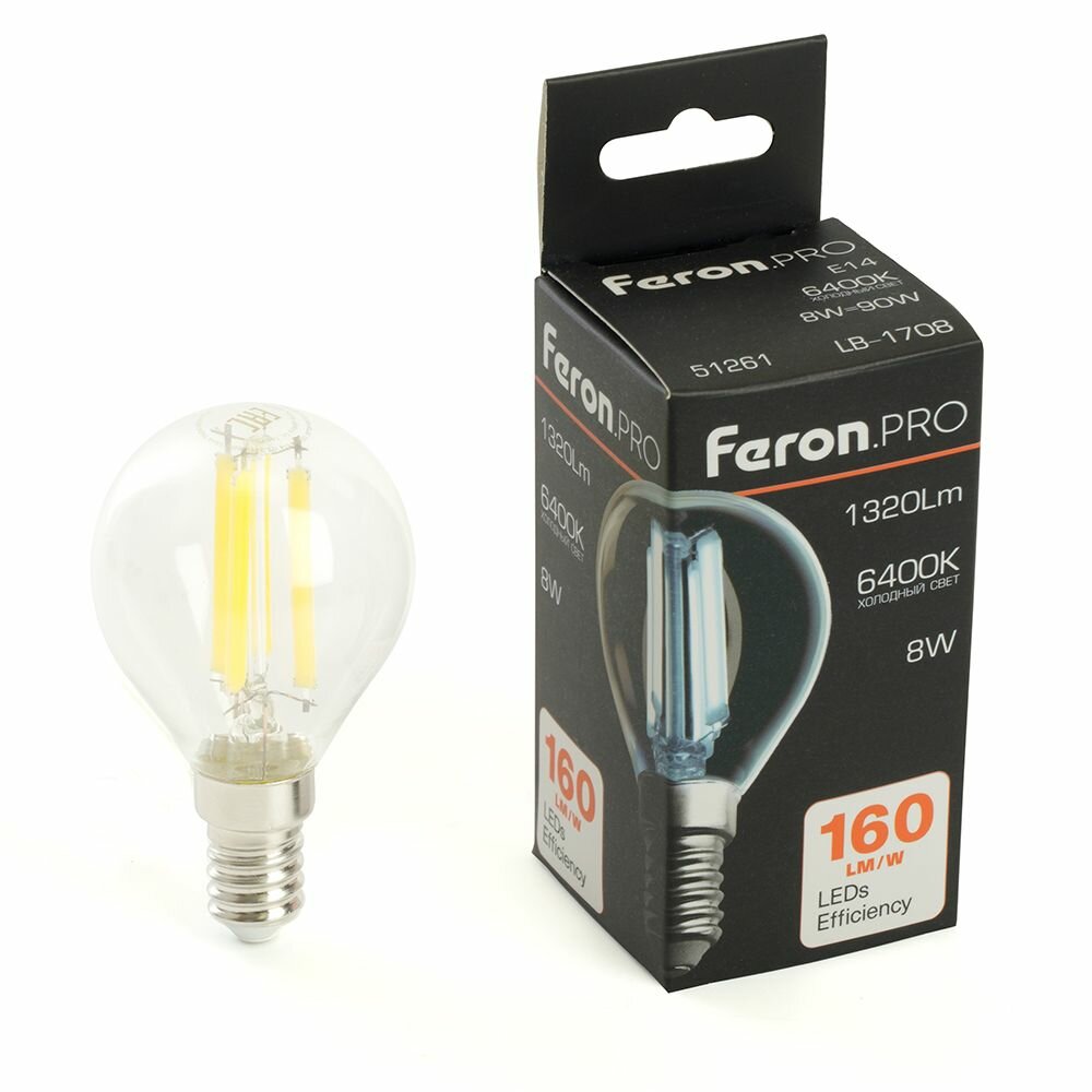 Лампа светодиодная шар E14 8 Вт 6400K дневной белый свет 1320 лм (1шт) Feron.PRO 51261
