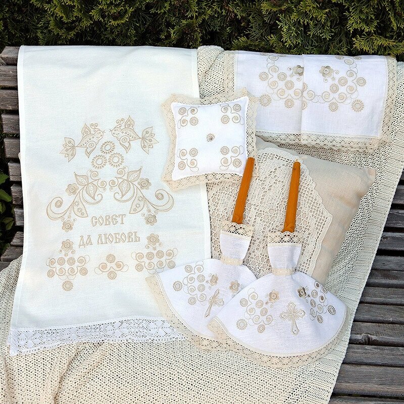 Венчальный набор "Жаворонки": рушник, салфетки под венцы, салфетки для свечей, подушечка для колец