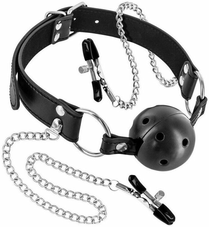 Жесткий шар-кляп с зажимами для сосков Fetish Tentation