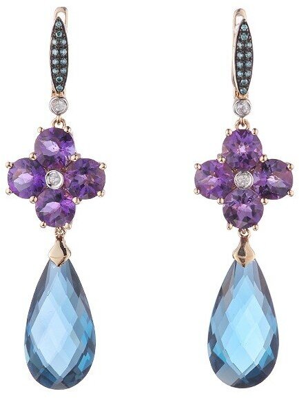 Серьги, желтое золото, 585 проба, бриллиант, топаз, сапфир, аметист