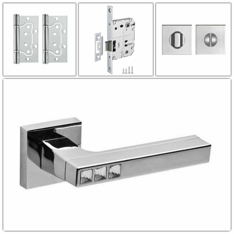 Ручка дверная межкомнатная Fuaro CRYSTAL_FLASH_DM_CP-8_WC, хром (ручка + замок WC + 2 петли без врезки + завертка)
