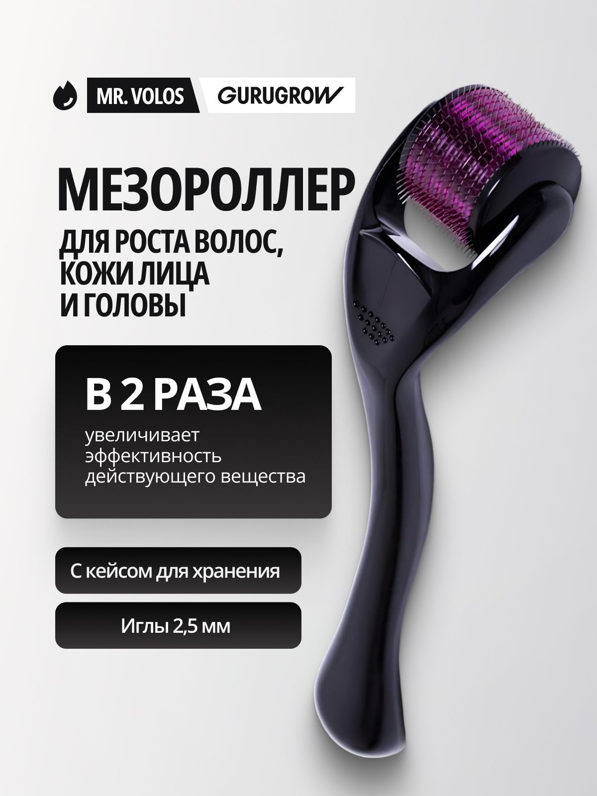 Мезороллер для лица, волос и бороды, Длина игл 2,5 мм.