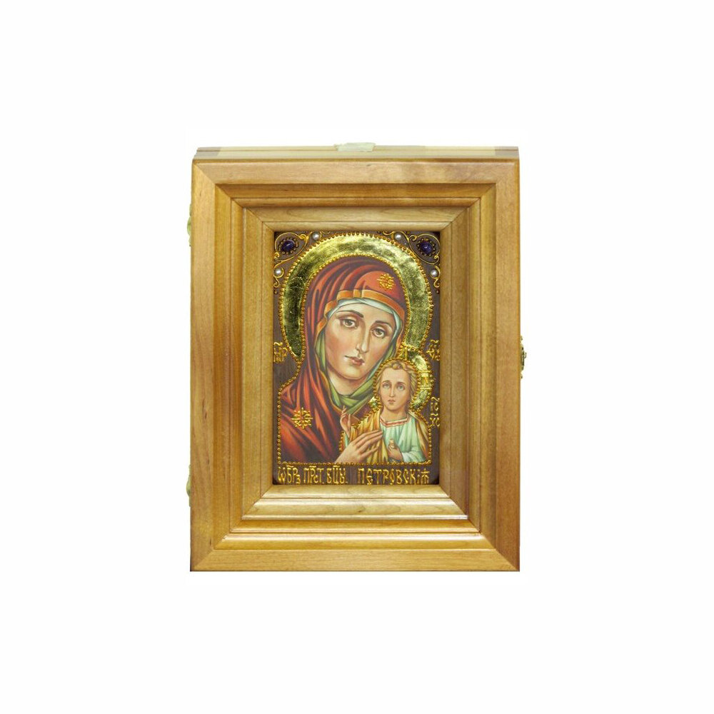 Подарочная икона Божией Матери Петровская 10*15 см с нимбом из сусального золота в березовом киоте 15*10*2,3 см 999-RTI-020Au
