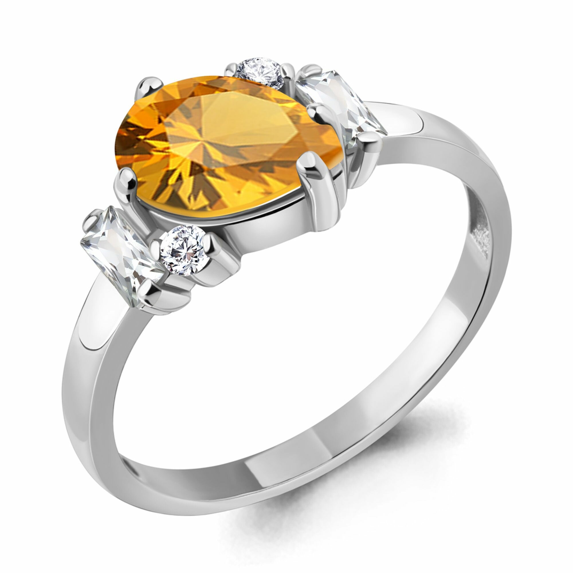 Кольцо, серебро, 925 проба, родирование, фианит, цитрин