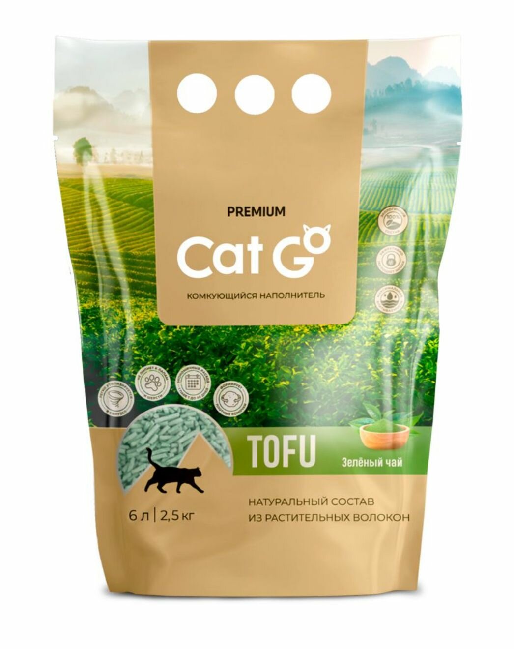Cat Go наполнитель TOFU / Тофу для кошачьего туалета комкующийся, соевый, зеленый чай, 6 л