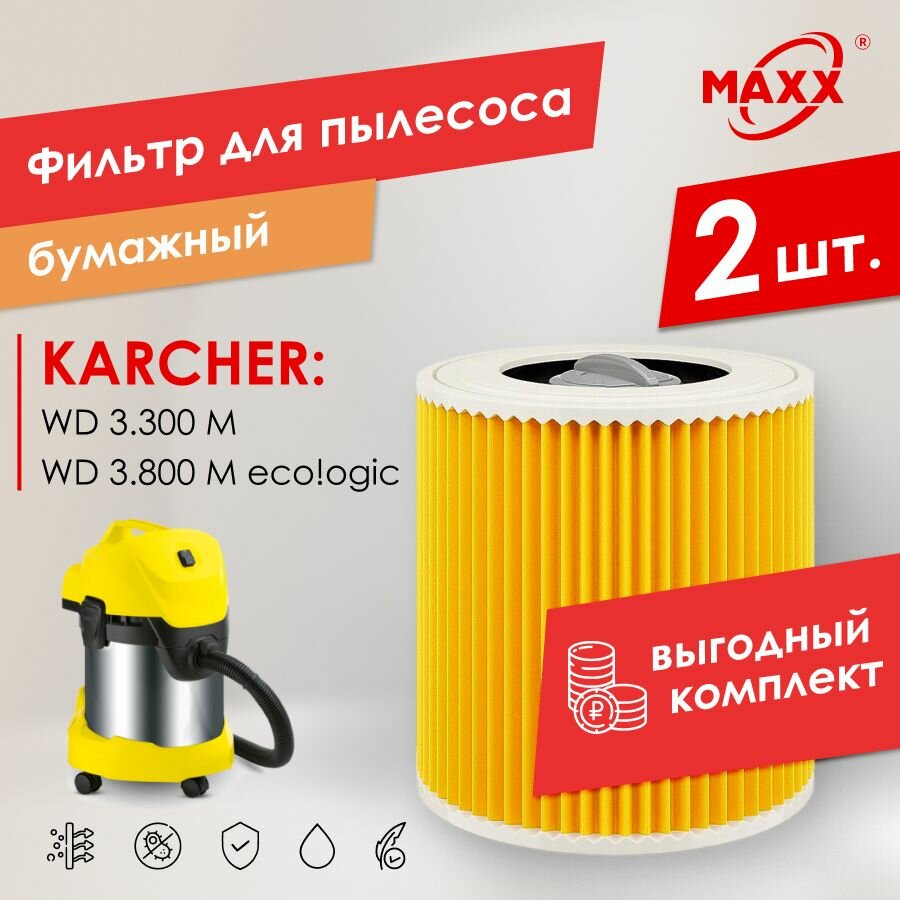 Патронный фильтр PRO бумажный для пылесоса Karcher WD 3.200, WD 3.300 M, WD 3.800 M eco! ogic 2 шт.
