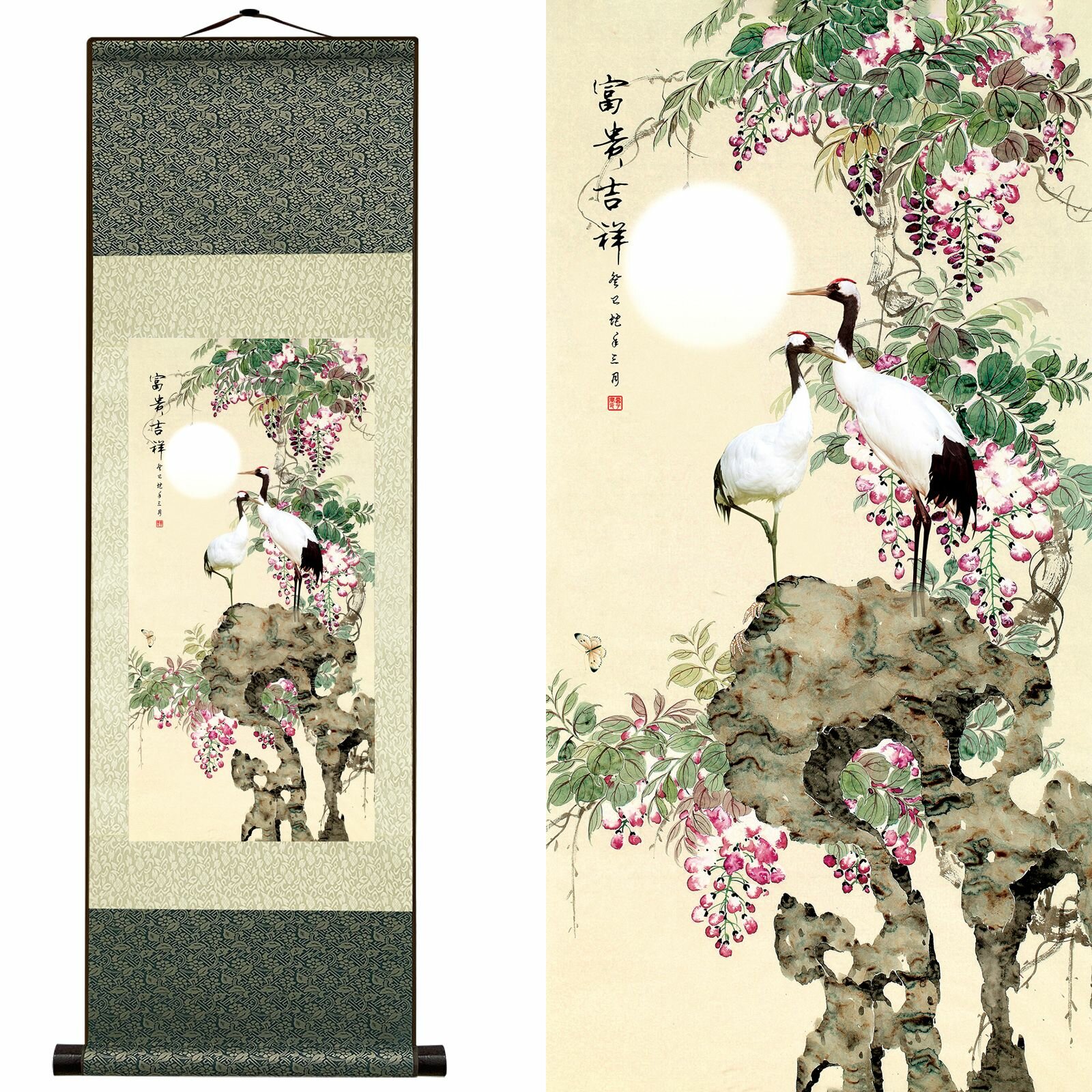 Роспись на шелковом свитке "Белый журавль с красной короной" азиатский настенный декор, пейзажная живопись 92x30 см для интерьера в стиле фэн-шуй
