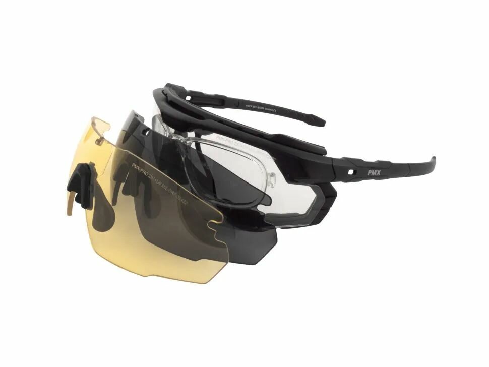 Очки защитные со сменными линзами PMX Winner (черная оправа, линзы: прозрачная 96% + серая 23% + желтая 89%, диоптрическая вставка)