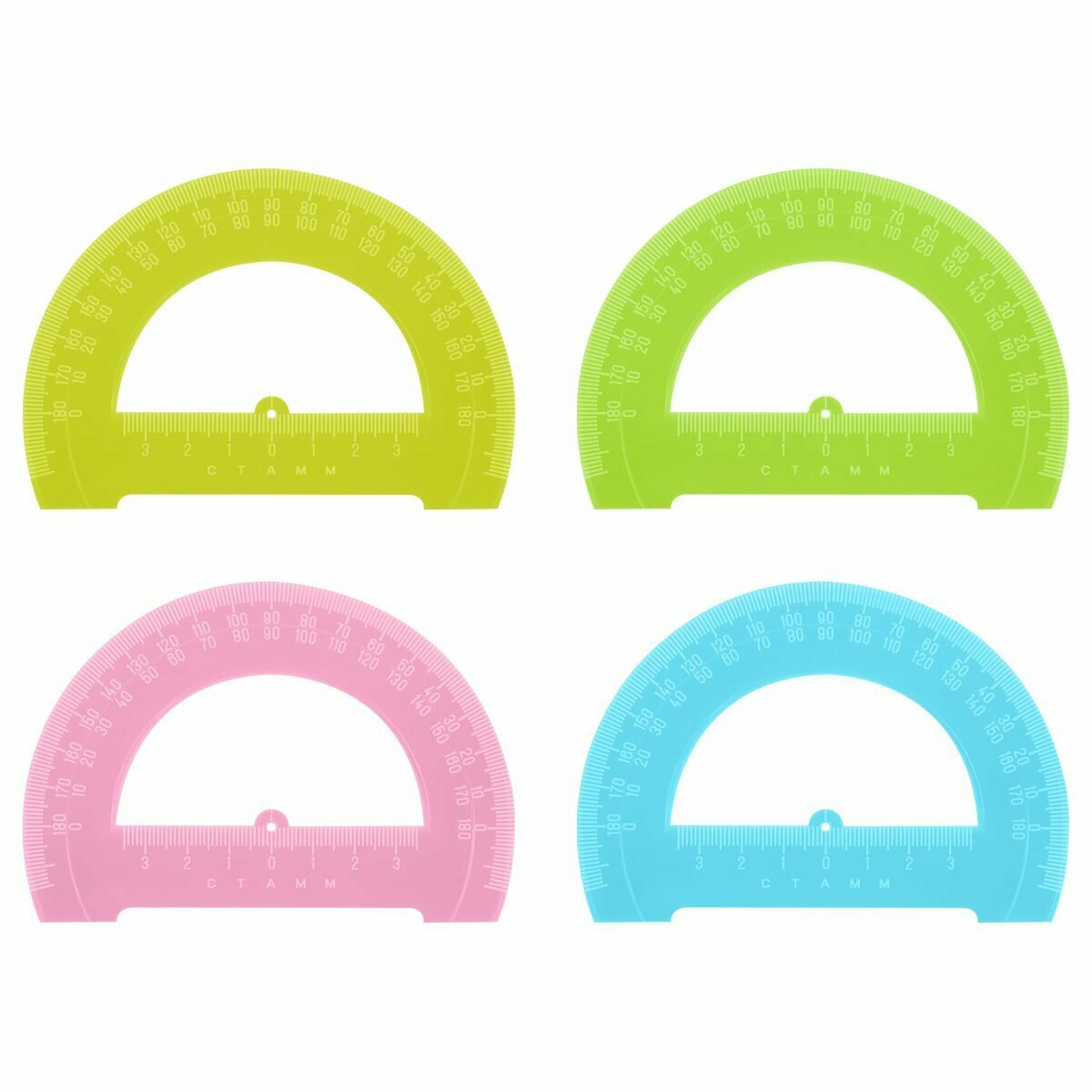 Транспортир 12см, 180° Стамм Neon Cristal, прозрачный тонированный, отливная шкала (ТР31), 20шт.