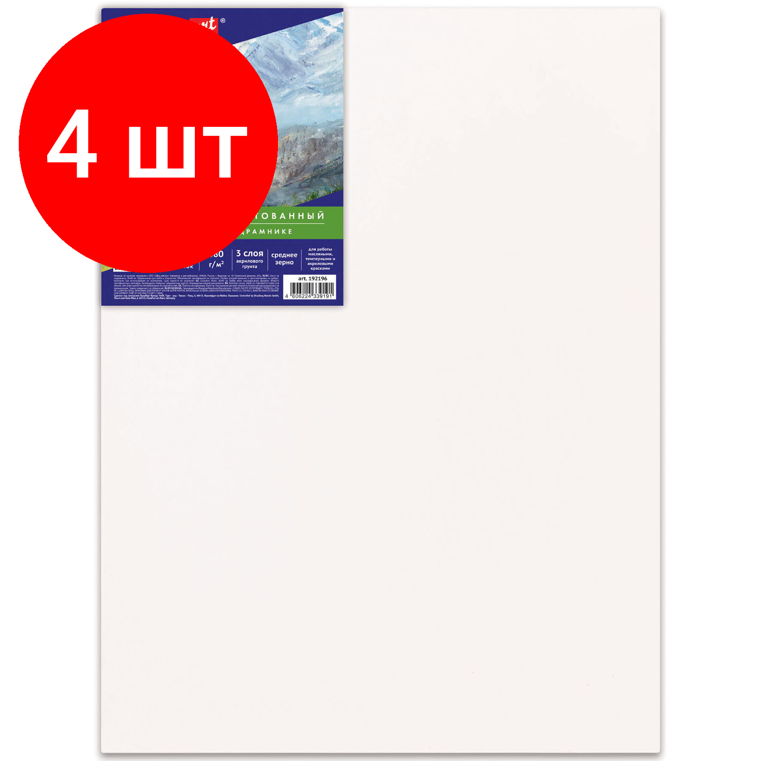 Комплект 4 шт, Холст на подрамнике 30х40 см, 380 г/м2, грунтованный, 100% хлопок, BRAUBERG ART, 192196