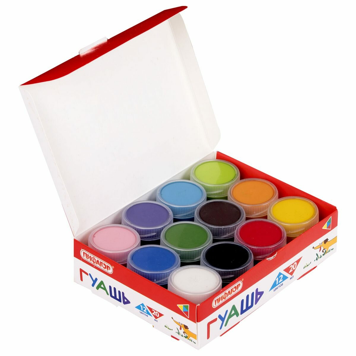 Гуашь 12 цветов Пифагор "Веселая такса", по 20мл (192379), 18 уп.