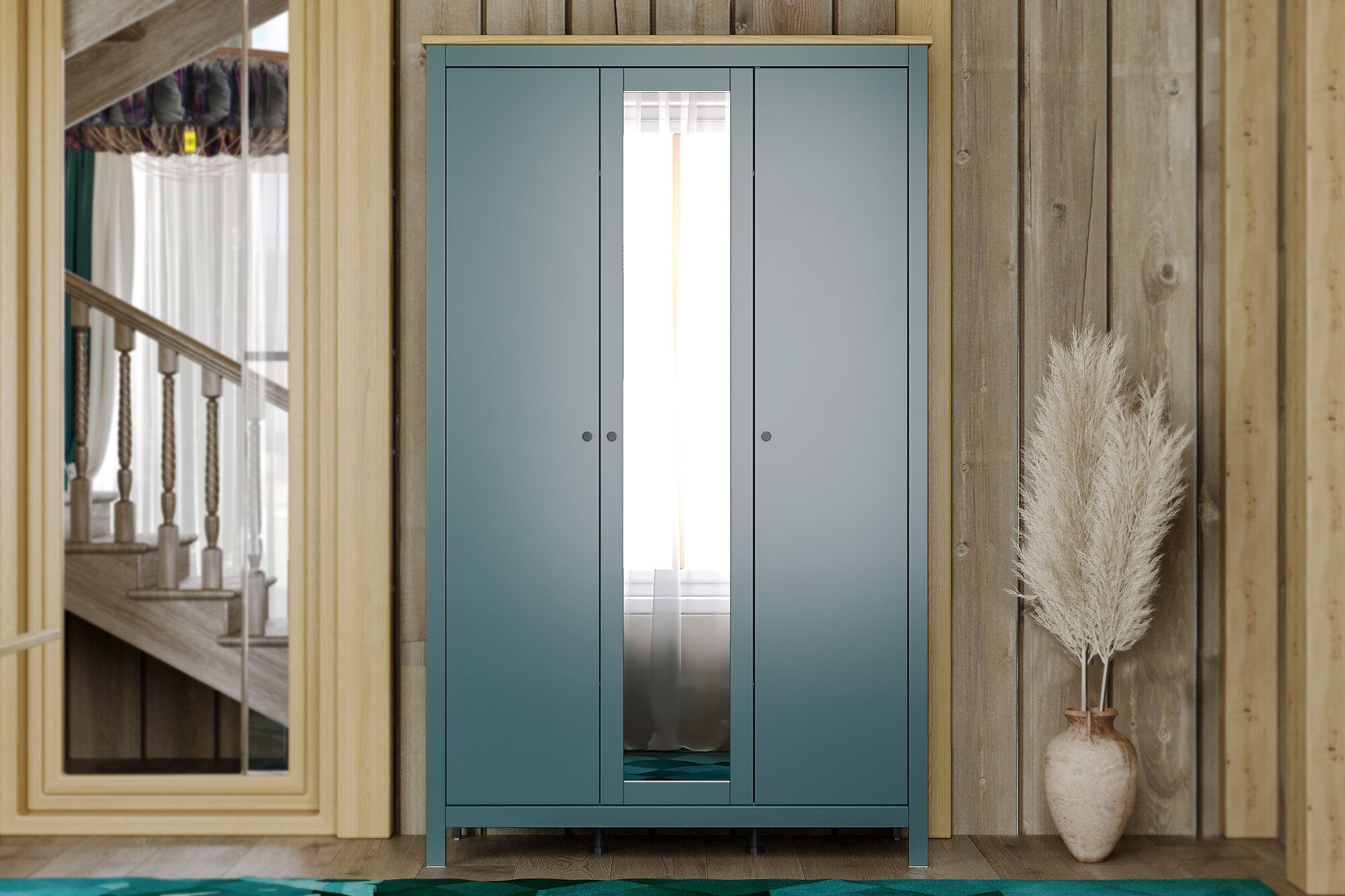 Шкаф ГУД лакк сага, 3 двери с зеркалом, 215.5 x 64.6 x 132 см, цвет: темно-бирюзовый/ясень