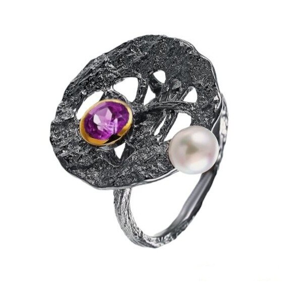 Кольцо, серебро, 925 проба, родирование, золочение, жемчуг культивированный, аметист