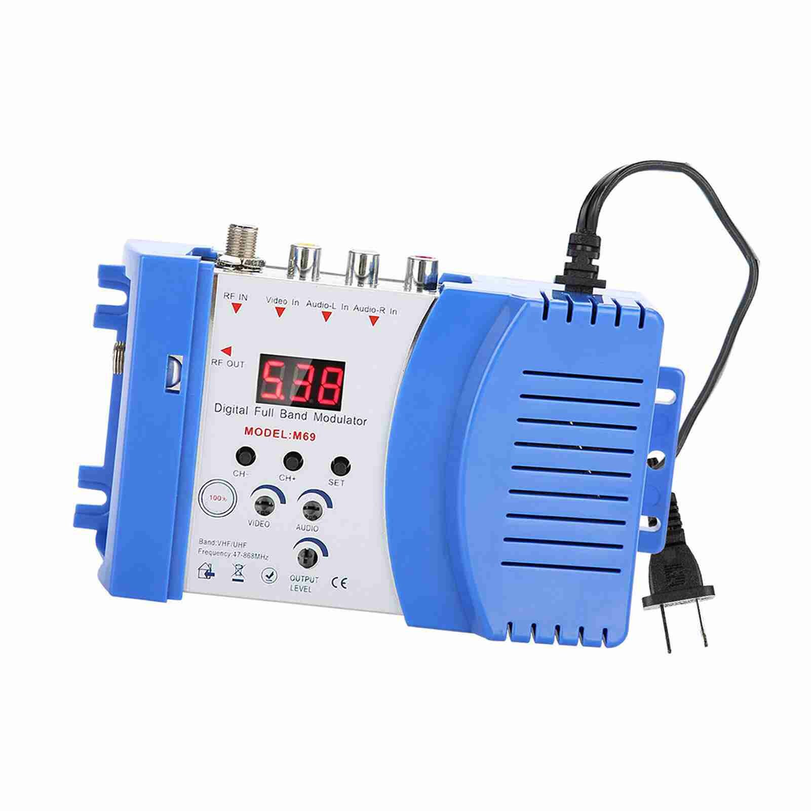 Модулятор RF AVRF AVTV Конвертер VHF UHF, Синий, Пластик, PAL/NTSC, Диапазон частот 47-868MHz, Импеданс вывода 75ohm, Уровень вывода 70-90dBuV, Система звука M=4.5MHz B/G=5.5MHz I=6.0MHz D/K=6.5MHz, Температура эксплуатации 10℃~+60℃, Размер 16*9.5*5cm,