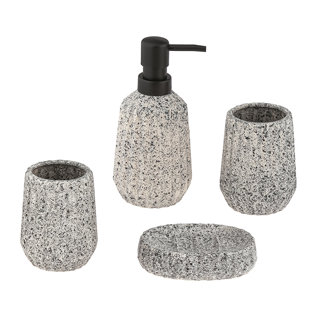 Набор для ванной КНР "Риф" 4 предмета: дозатор для мыла 340 мл, д 6-7 см, h 17 см; мыльница 11,5х8х3 см; стакан 310 мл, д 6,5-7 см, h 10,3 см - 2 шт, фурнитура пластик, керамика шамот, серый гранит (OP657-6820)