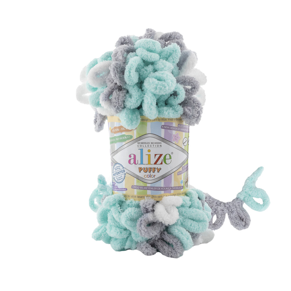 Пряжа для вязания Alize Puffy color 6408 мятный серый 1 моток 100 гр/9 м 100% микрополиэстер