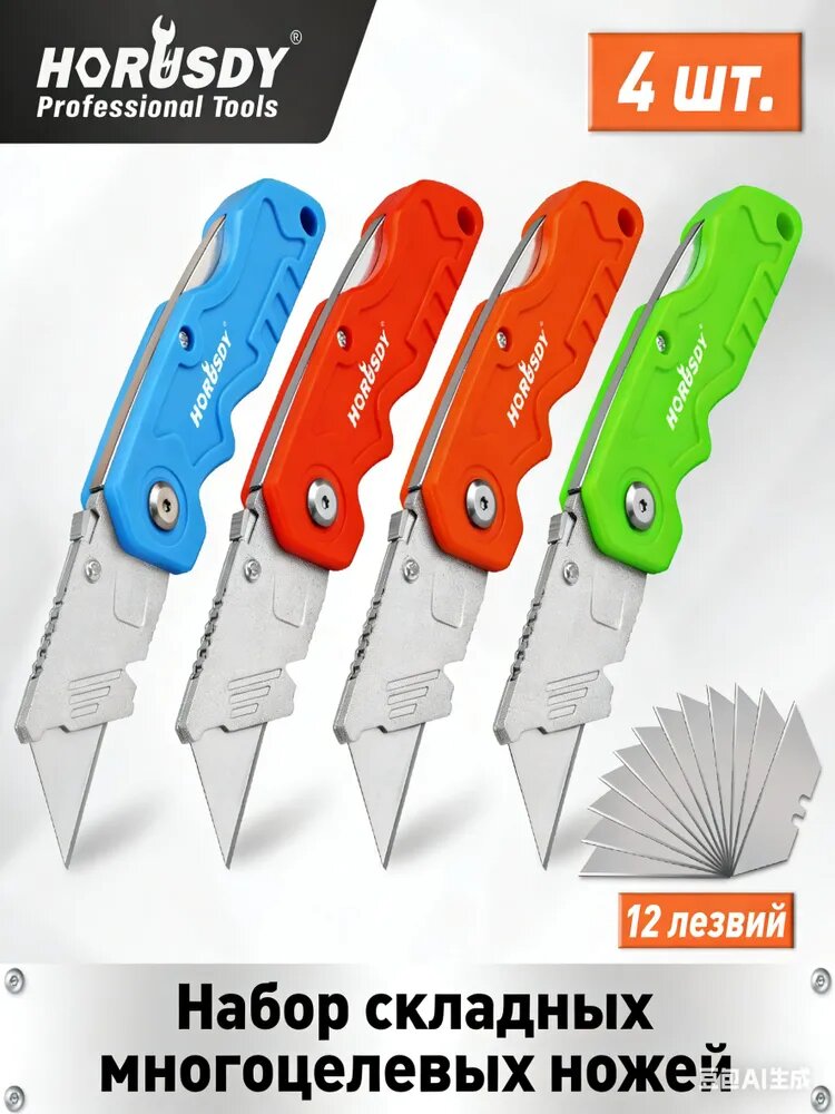 HORUSDY Набор складных ножей 4 шт, канцелярские ножи с запасными лезвиями, быстросменные, цветные рукоятки, для работы и дома