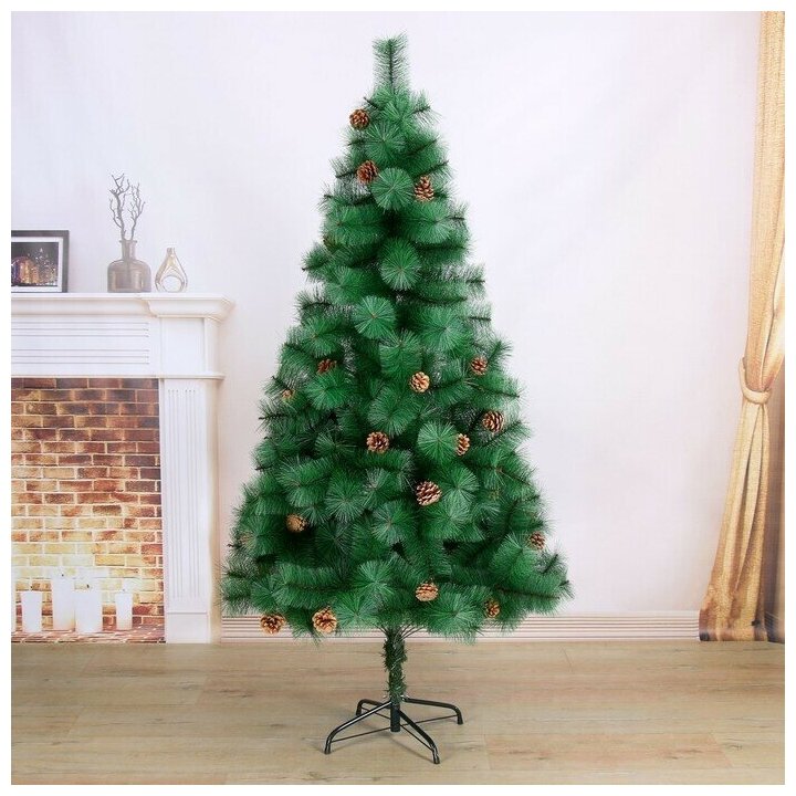 Искусственная новогодняя ёлка "Кедр зелёный с шишками" 180 см, высокая красивая ель для дома, напольная пышная ёлочка на Новый год, d нижнего яруса 100 см, d игл 10 см, 235 веток