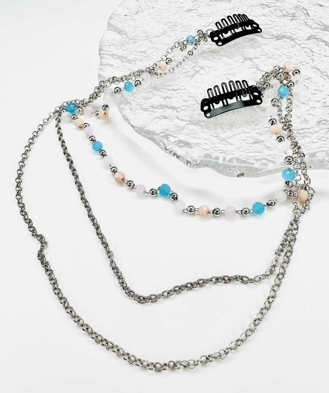 Вечерний аксессуар, украшение для волос, цепочка для волос в стиле Хиппи. Серебристая тройная цепочка для волос с голубыми и лавандавыми бусинами