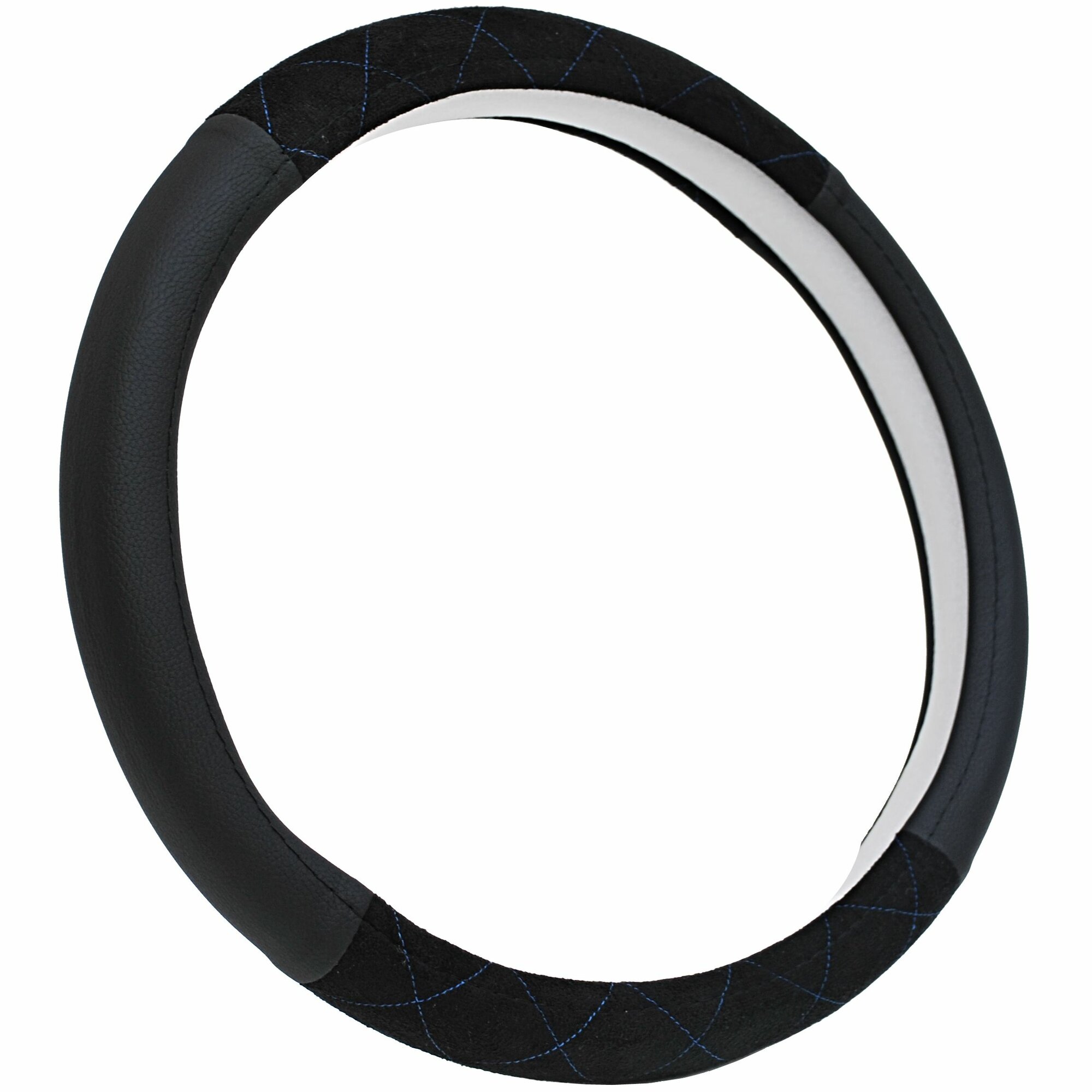 Оплетка на руль 37-39 см, эко кожа комбинация, глад. черный + алькант, спонж, черн. синий ромб