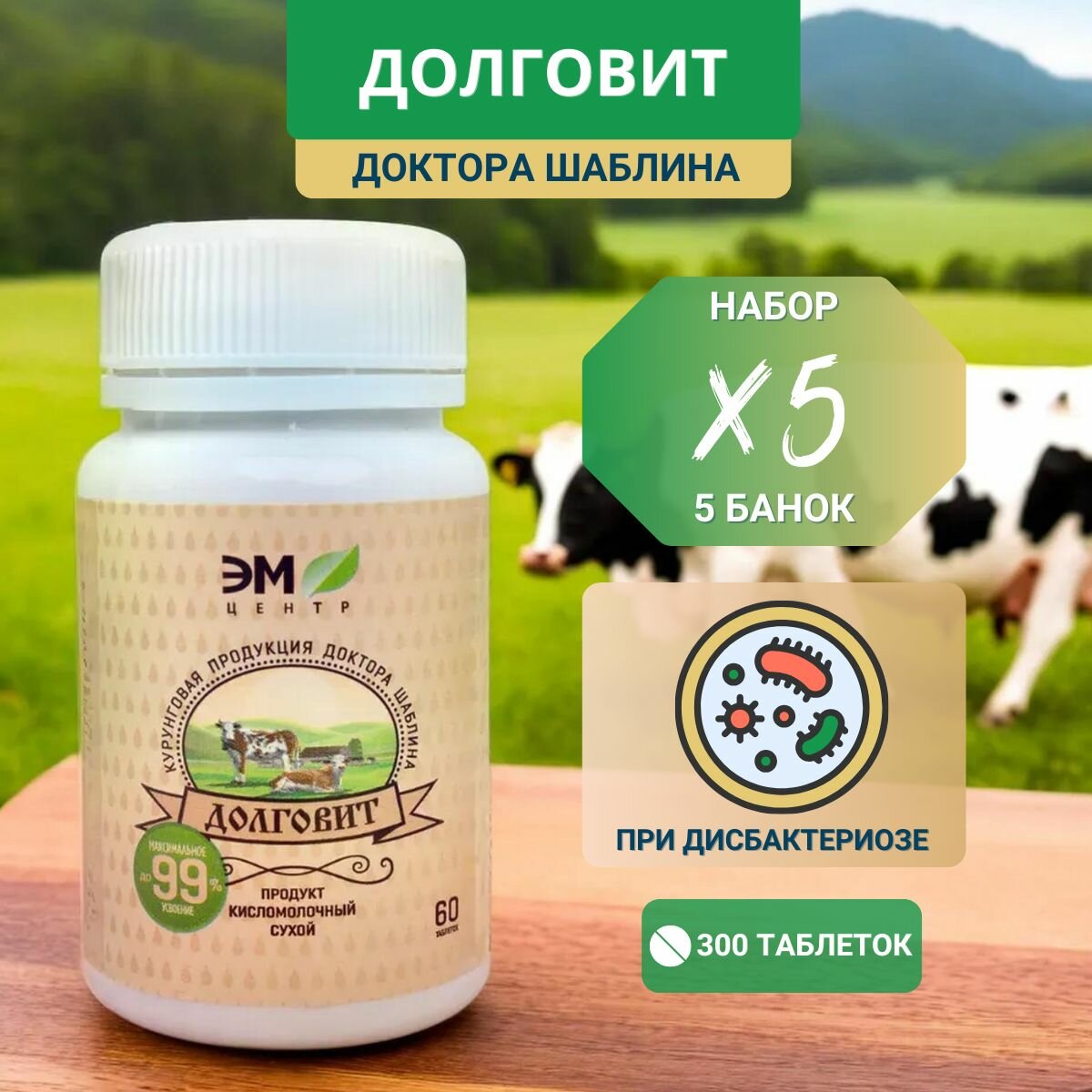 Долговит Шаблина кисломолочный сухой от ЭМ-Центр, таблетки, 60 шт, набор 5 упаковок