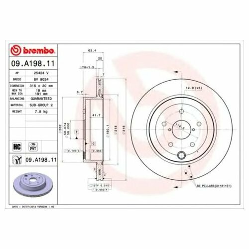 Тормозной диск задний Brembo 09A19811 для Subaru Impreza, WRX