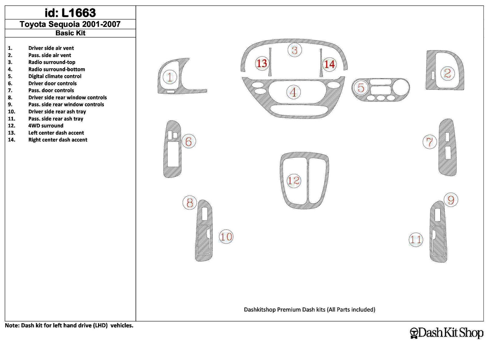 Накладки салона под дерево, карбон, алюминий для Toyota Sequoia 2001-2007. Комплект L1663.