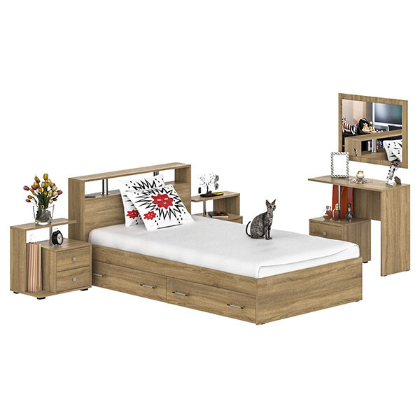 Спальня Камелия № 13 Кровать с ящиками 1200 + Две тумбы + Стол косметич. + Зеркало, цвет дуб сонома, сп. м. 1200х2000 мм, б/м, основание есть