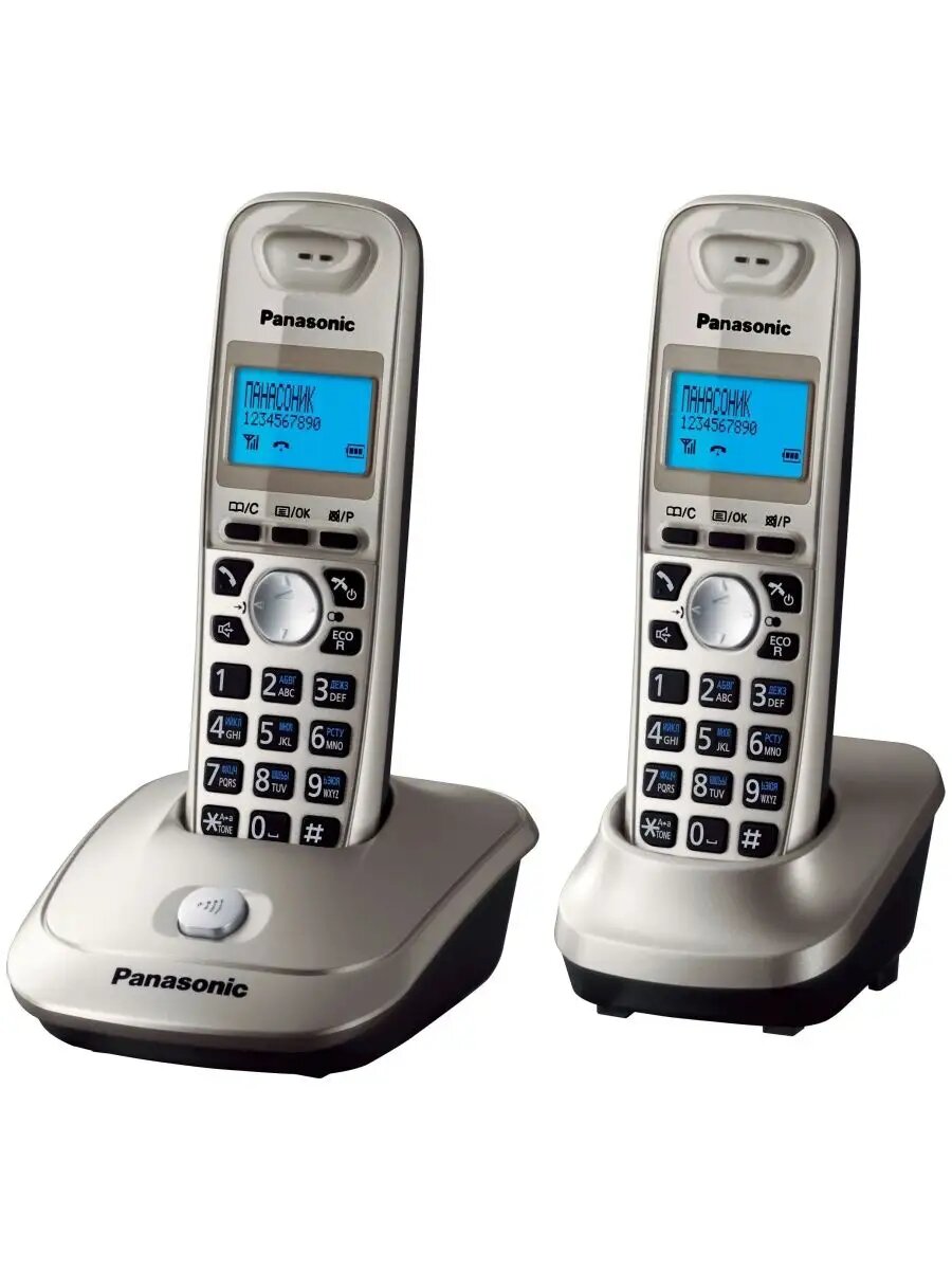Радиотелефон Panasonic KX-TG2512RUN, платиновый/золотой, спикерфон, 2 трубки, база, АОН/Caller ID