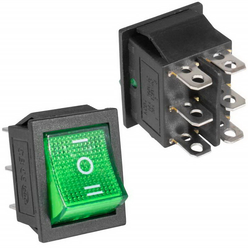 Клавишный переключатель ON-OFF-ON, 6 контактов, черный, зеленая кнопка, подсветка