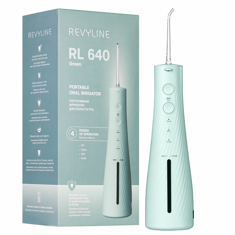 Ирригатор Revyline RL 640, портативный, зеленого цвета, 3 насадки в комплекте