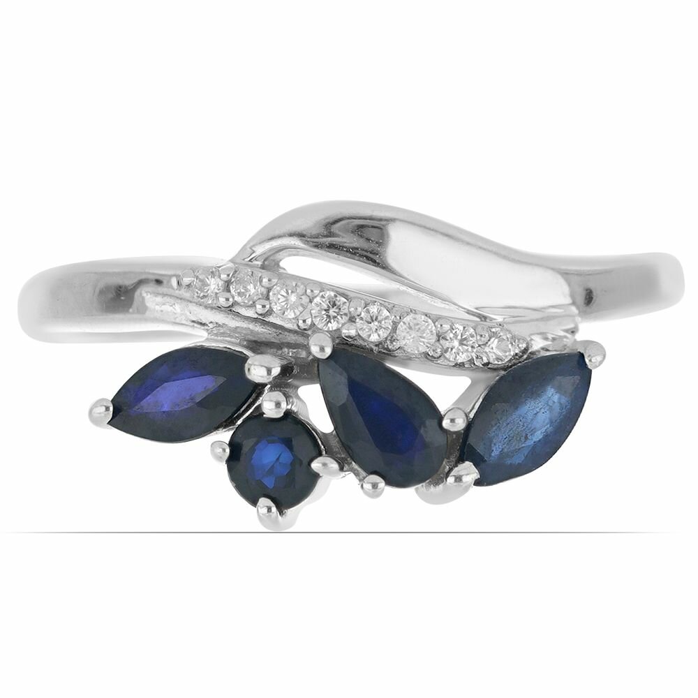 Кольцо, серебро, 925 проба, родирование, циркон, сапфир