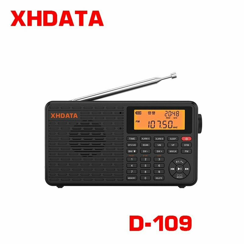 XHDATA D-109 Радиоприемник от сети и батареек с телескопической антенной, Колонка портативная, Радио карманное , слотами для SD и TF, черный