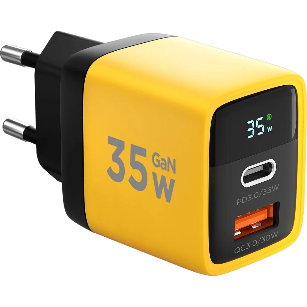 Зарядное устройство с дисплеем Cablexpert 35Вт GaN, QC3.0/PD3.0, 1хUSB, 1хType-C, желтый, короб, MP3A-PC-53