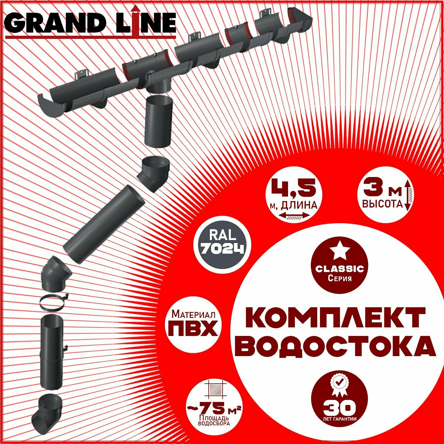 Комплект элементов водостока Grand Line на 4,5 м карниза (120мм/90мм) графит RAL 7024, водосточная система для крыши пластик Гранд Лайн ( серый ) комплект ПВХ