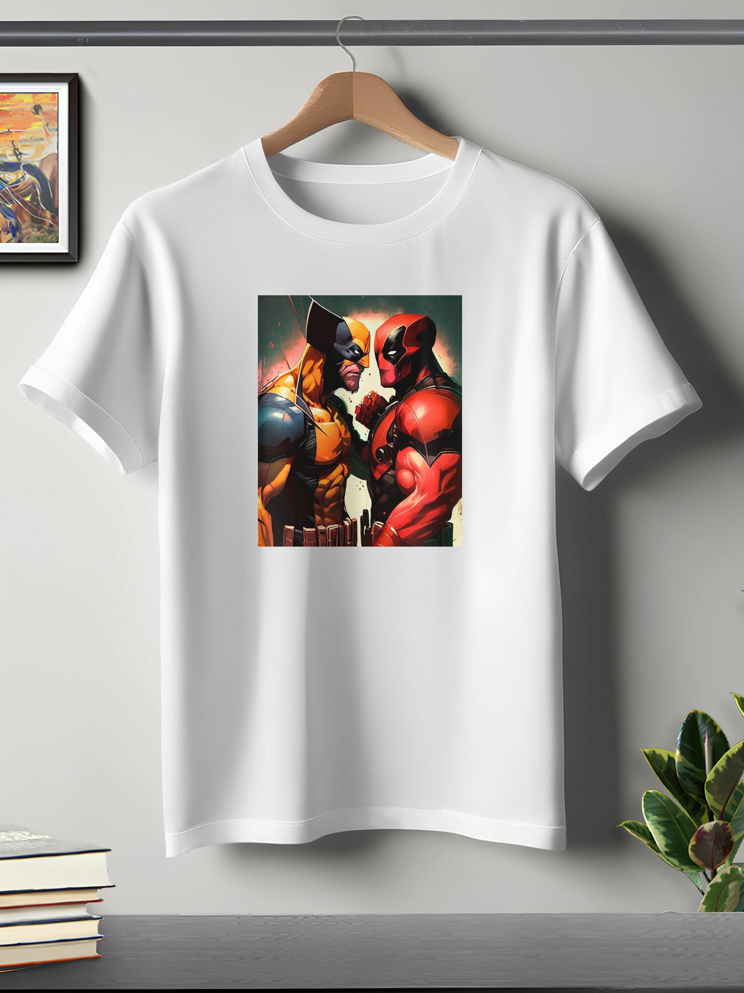 Футболка ONEQ унисекс 50-52 (XL) размер с принтом Дэдпул и Россомаха, белая