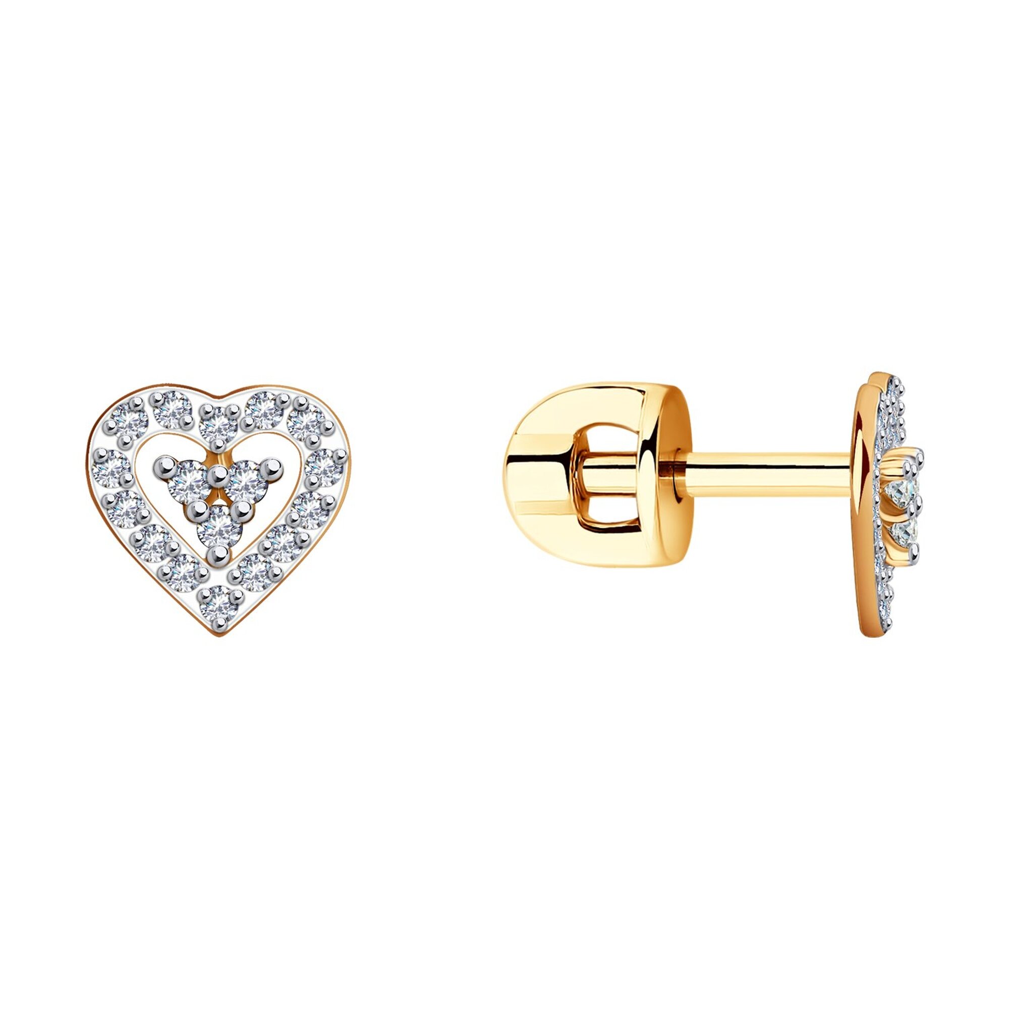 Серьги пусеты, красное золото, 585 проба, фианит